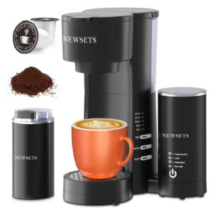 newsets single serve coffee maker for k cups and ground coffee, 4 in 1 coffee machine with grinder and milk frother, 6 to 14oz brew sizes, 28oz removable water reservoir, self-cleaning function, black