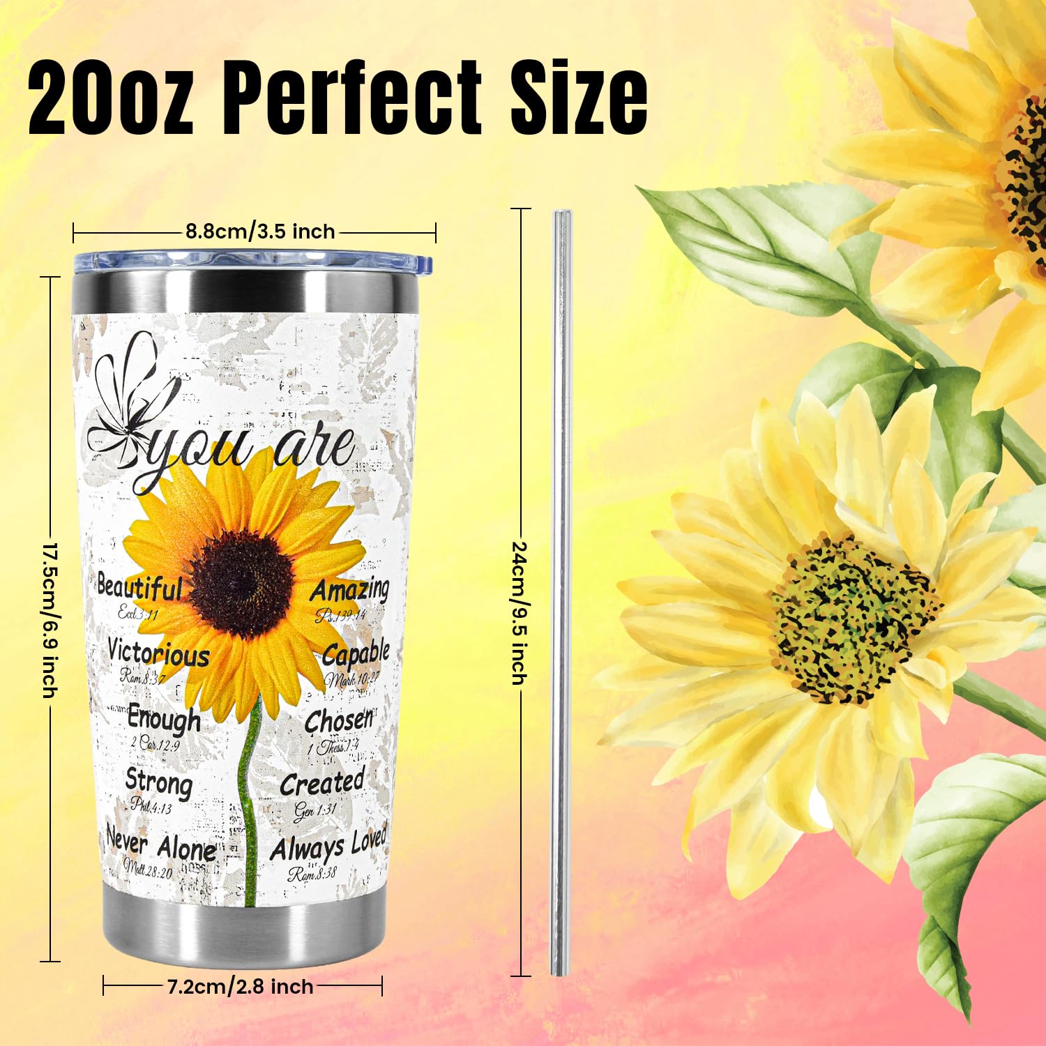 Christian Gifts for Women 20oz Sunflower Tumbler Stainless Steel Double Wall Vacuum Insulated Coffee Mug Travel Cups for Wife Mom Daughter Sister Friend Coworker, Metal Straws and Brush