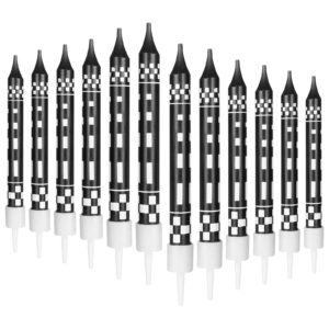 race car theme birthday candles, 12pcs black white long thin birthday candles, race car cake topper checkered flag birthday party decorations for kids boys