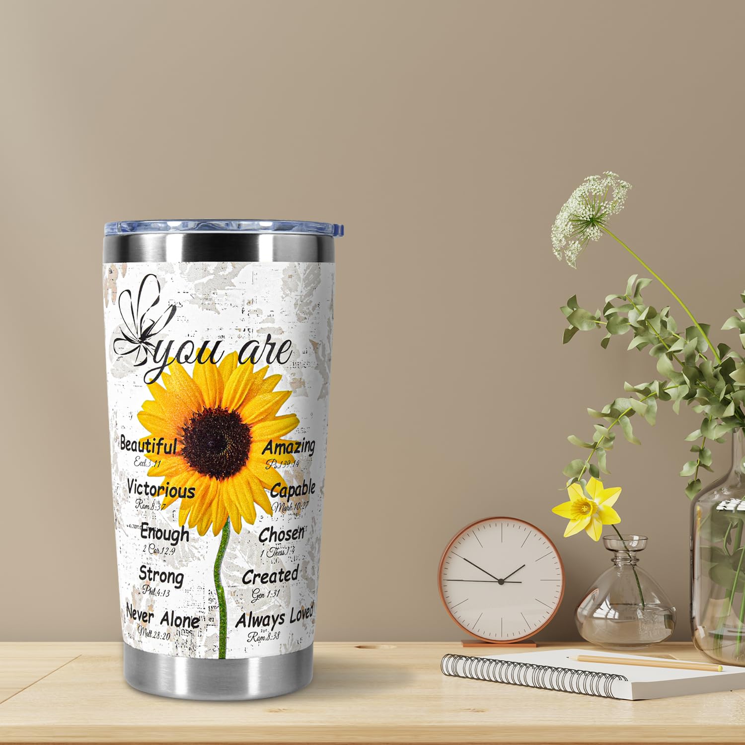 Christian Gifts for Women 20oz Sunflower Tumbler Stainless Steel Double Wall Vacuum Insulated Coffee Mug Travel Cups for Wife Mom Daughter Sister Friend Coworker, Metal Straws and Brush