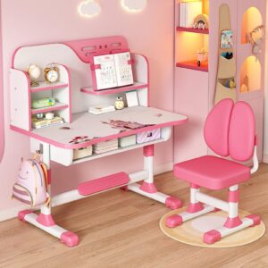 premium kids study desk chair set,height adjustable children's desk and chair school study table chair with astronaut pattern,ergonomic desk chair with writing board, bookshelf and drawer pink