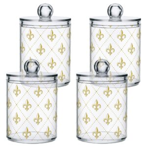 susiyo 4 pack golden fleur de lis plastic apothecary jar containers qtip holder dispenser bathroom vanity storage organizer canister for cotton balls, swabs, makeup sponges, bath salts, hair clips