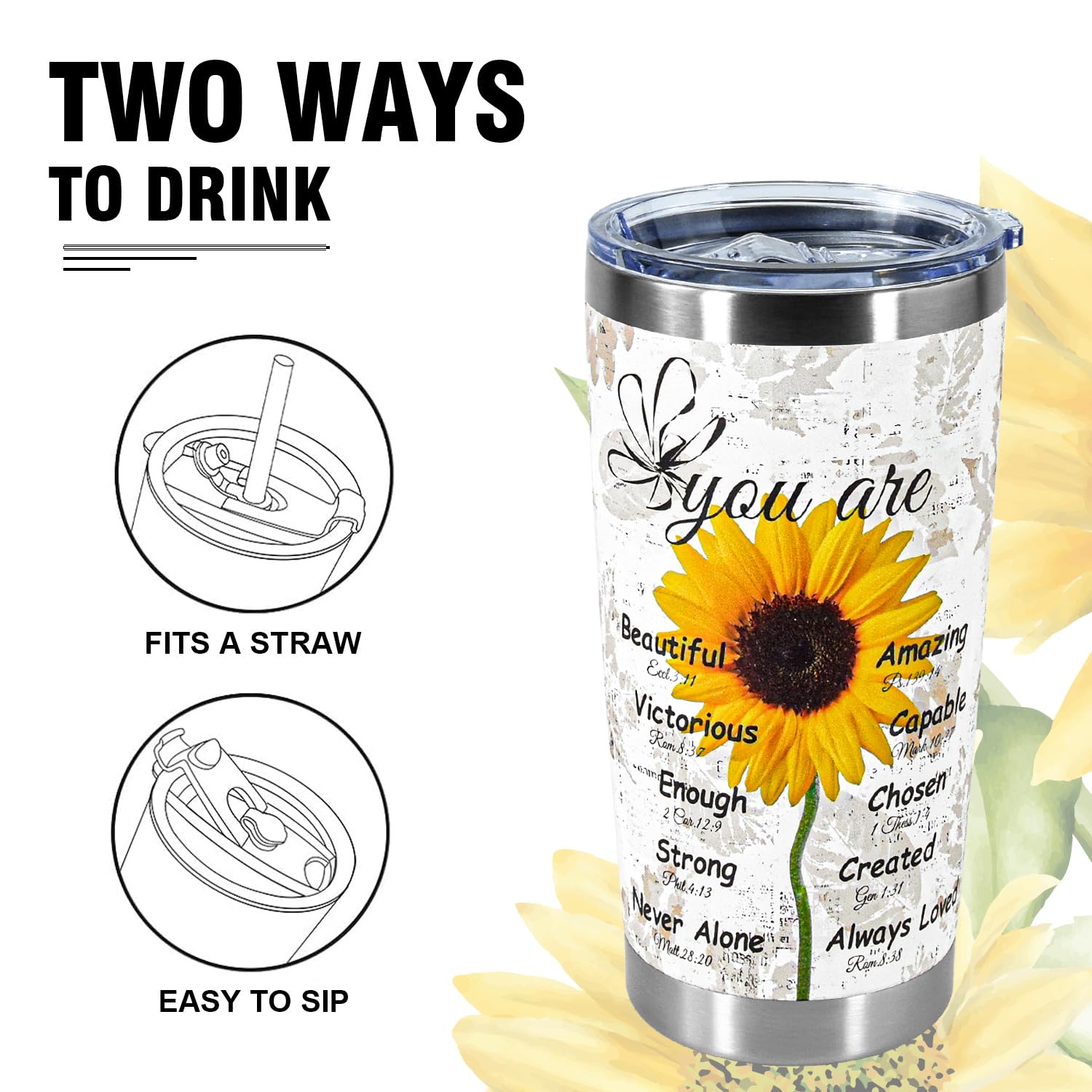 Christian Gifts for Women 20oz Sunflower Tumbler Stainless Steel Double Wall Vacuum Insulated Coffee Mug Travel Cups for Wife Mom Daughter Sister Friend Coworker, Metal Straws and Brush