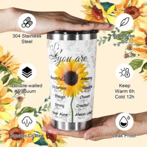 Christian Gifts for Women 20oz Sunflower Tumbler Stainless Steel Double Wall Vacuum Insulated Coffee Mug Travel Cups for Wife Mom Daughter Sister Friend Coworker, Metal Straws and Brush