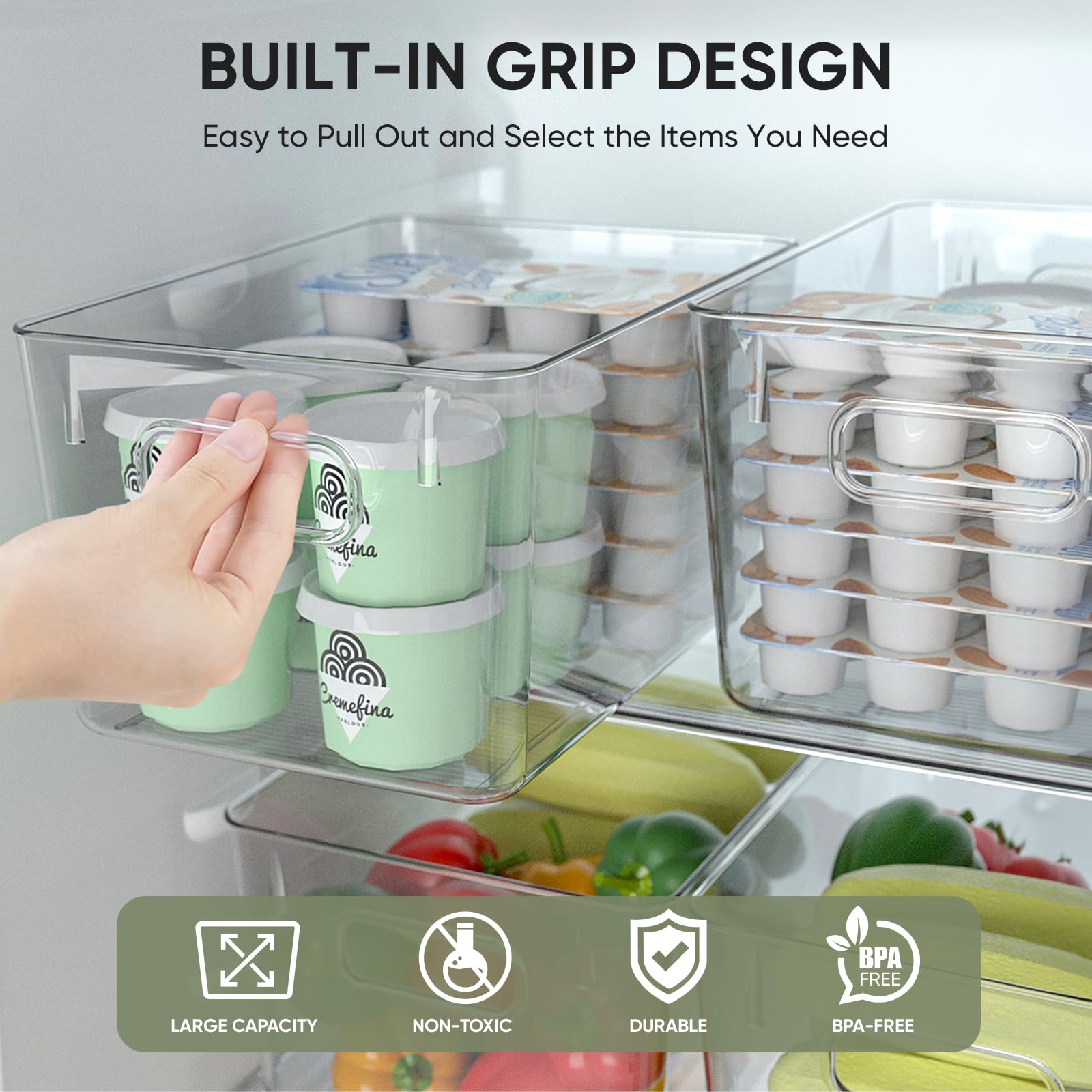 BALEINE Refrigerator Organizers and Storage Bins, 6 PK Plastic Clear Storage Bins, BPA Free Freezer Organizer Stackable Storage Bins with Handles for Fridge Kitchen Cabinet Bathroom (9.5x5.5x4.5)