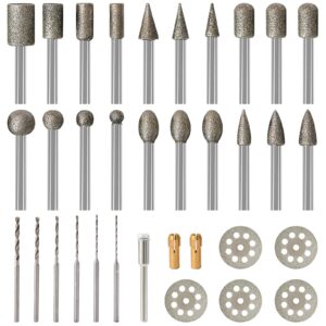 stone carving set diamond burr bits compatible with dremel, 1/8” shank power rotary tool accessories kit, includes diamond burr bits, cutting discs and drill bits- 34pcs