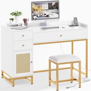 furlinkhm computer desk and chair set, white and gold desk with 3 drawers and rattan cabinet,home office desk with power outlets,office table and chair set for writing study bedroom