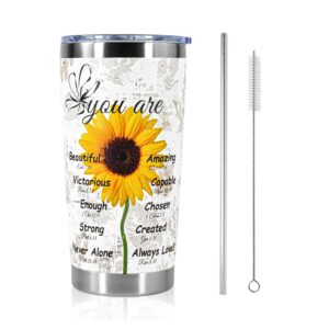 christian gifts for women 20oz sunflower tumbler stainless steel double wall vacuum insulated coffee mug travel cups for wife mom daughter sister friend coworker, metal straws and brush