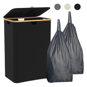 150l laundry basket with lid, large double laundry hamper with bamboo handles, removable laundry bags, 2 section dirty clothes hamper, collapsible towel basket for bedroom, bathroom, dorm, black