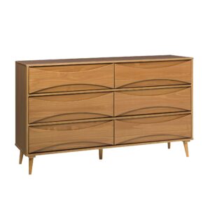 walker edison lowry mid-century modern detailed-drawer solid wood dresser, 59 inch, caramel