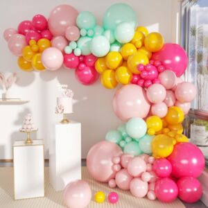 mebay balloons arch kit, 146pcs matte rose red tender pink macaron green yellow latex balloon different sizes 18 12 10 5 inch for birthday baby bridal shower wedding party backdrop decorations