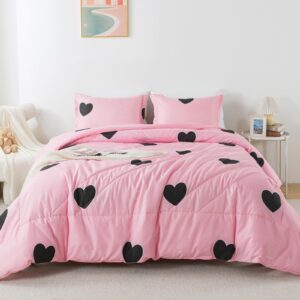 caressma blush pink love comforter set king size, cute heart pattern bedding comforter for girls women, 3 pieces soft microfiber fluffy lovely comforter set for all seasons room decor