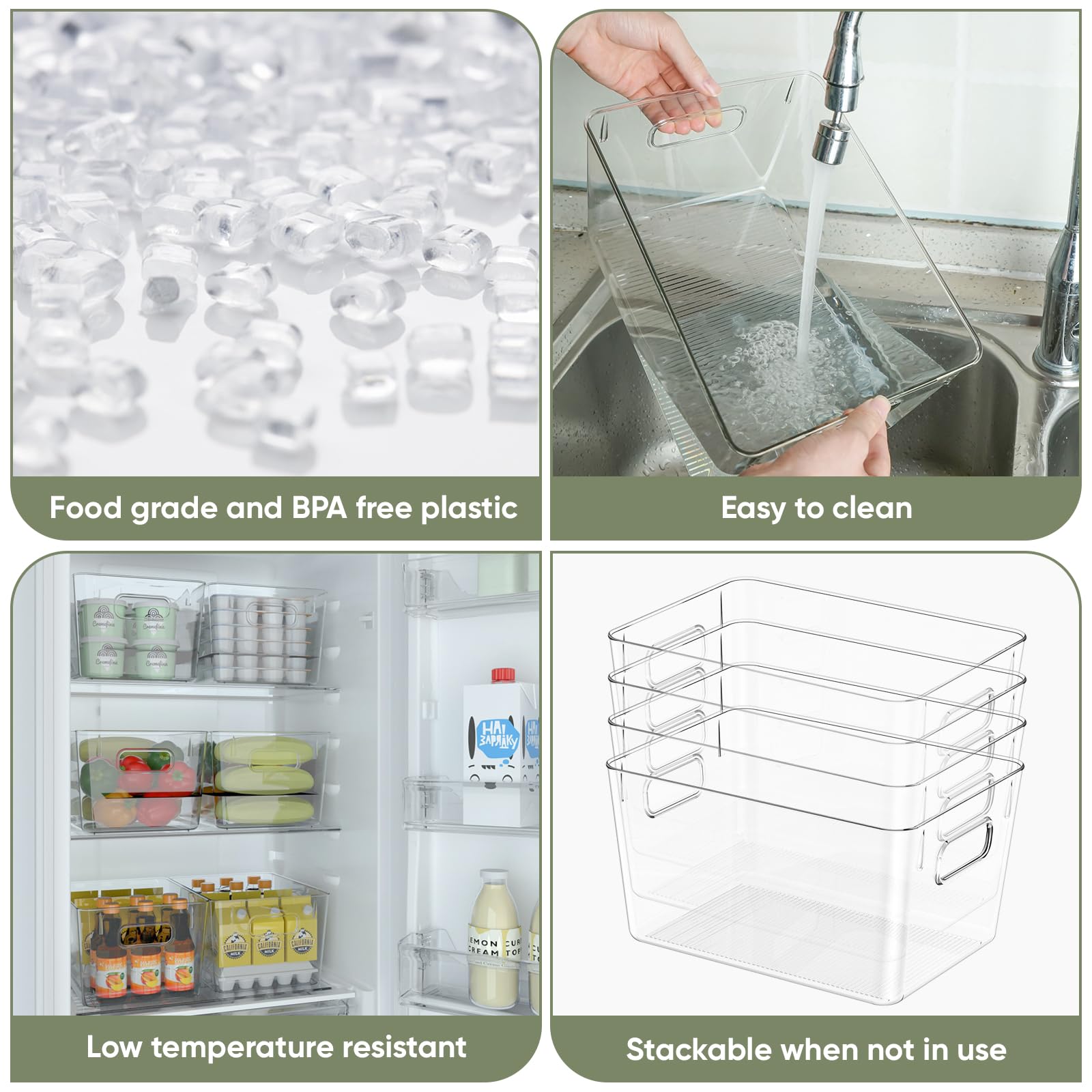 BALEINE Refrigerator Organizers and Storage Bins, 6 PK Plastic Clear Storage Bins, BPA Free Freezer Organizer Stackable Storage Bins with Handles for Fridge Kitchen Cabinet Bathroom (9.5x5.5x4.5)