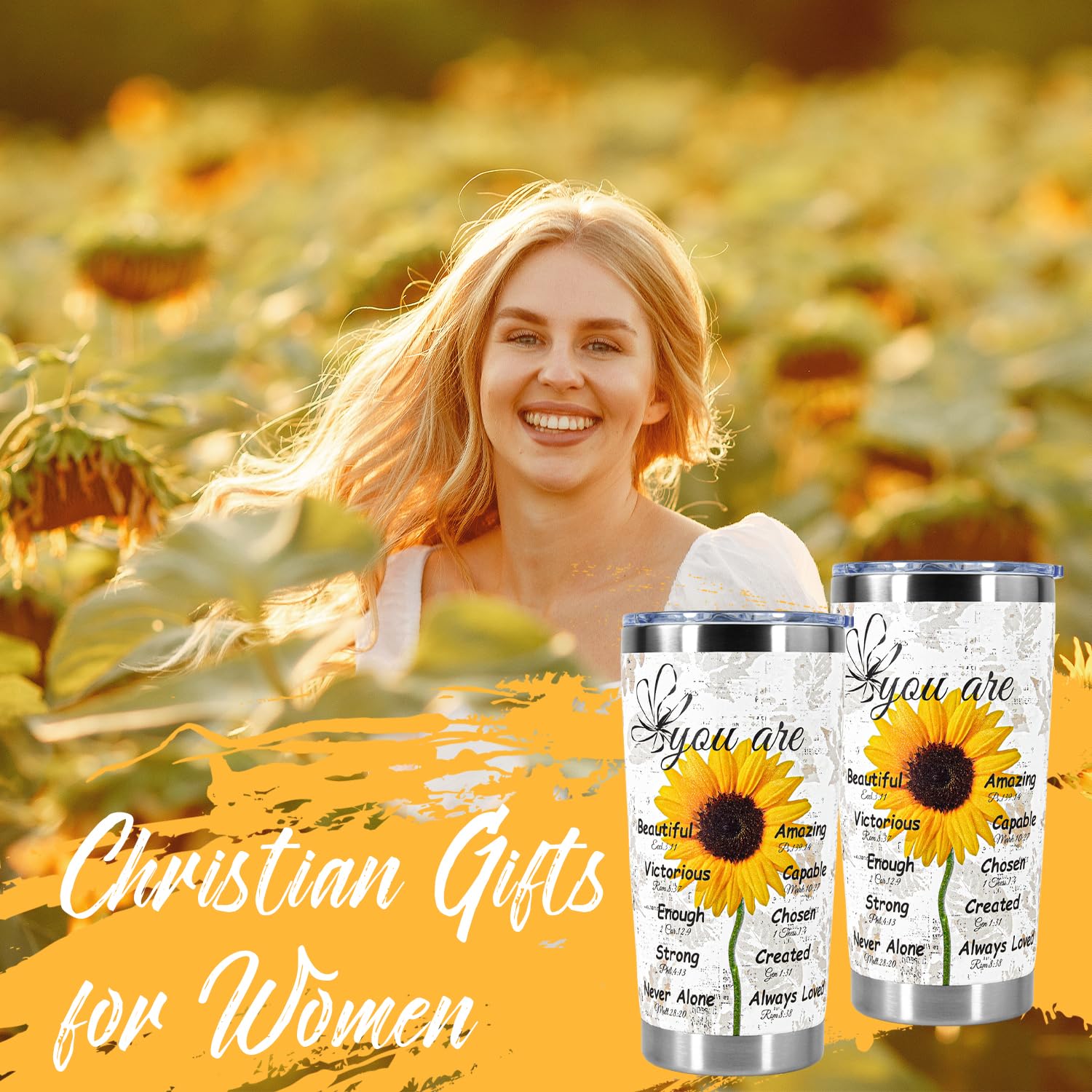 Christian Gifts for Women 20oz Sunflower Tumbler Stainless Steel Double Wall Vacuum Insulated Coffee Mug Travel Cups for Wife Mom Daughter Sister Friend Coworker, Metal Straws and Brush