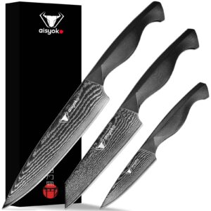 aisyoko 8c damascus knife set 3pc chef knife,kitchen knife,paring knife,high carbon stainless steel,ergonomic full tang abs anti-skid handle,professional japanese cooking knife with luxury gift box