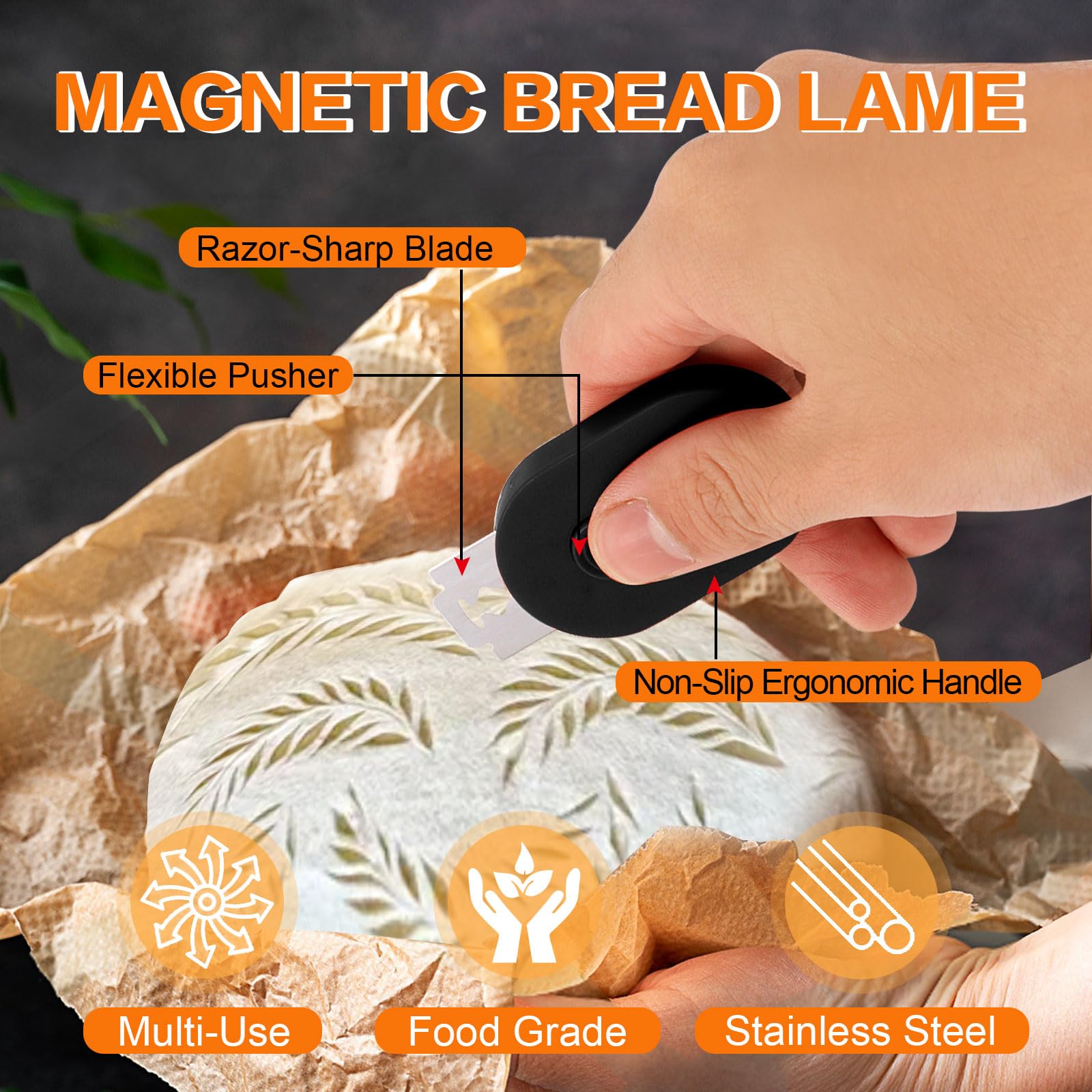 Giying6 Magnetic Bread Lame Dough Scoring Tool,Premium Sourdough Starter Kit, Integrated Push-pull Handle,for Professional Sourdough Baking & Bread Making Tools,contain 5 Razor Blades (Black)