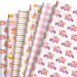 whaline 12 sheet fall wrapping paper -not roll- pink truck pumpkin plaid maple leaf gift wrap paper bulk autumn harvest art paper for diy crafts, 19.7 x 27.6 inch, folded flat