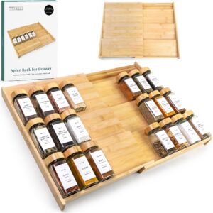 bamboo spice drawer organizer - expandable 4 tier spice rack (need 3" deep drawer) 12" to 23" wide, seasoning organizer, organization seasoning rack insert for kitchen cabinet (jars not included)