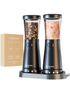 electric salt and pepper grinder set with 4.5oz large capacity, stainless steel rechargeable salt and pepper grinder with 1.8" wide mouth, storage base,adjustable coarseness, and one-hand operation