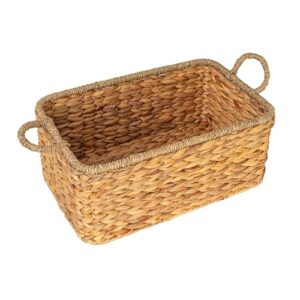 household essentials rectangular handwoven water hyacinth and seagrass basket with handles, natural