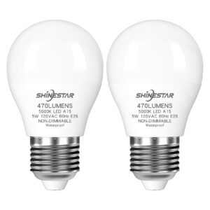 shinestar 2-pack refrigerator light bulb, 5 watt (40w equivalent), waterproof a15 led bulb, non-dimmable appliance bulbs with e26 base, 5000k daylight