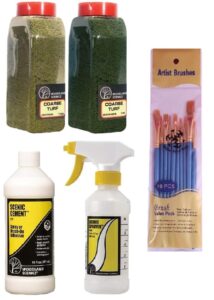 make your day bundle, woodland scenics coarse turf shakers - light green and medium green with scenic cement, scenic sprayer, and myd paintbrushes