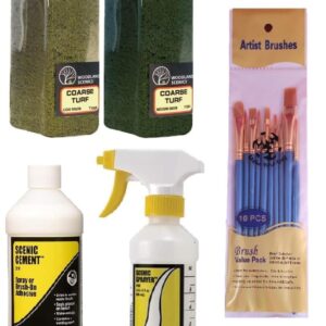 Make Your Day Bundle, Woodland Scenics Coarse Turf Shakers - Light Green and Medium Green with Scenic Cement, Scenic Sprayer, and MYD Paintbrushes