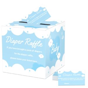 jcthkuku 50 diaper raffle tickets with box for baby shower game, blue diaper raffle card box for gender reveal baby shower raffle oh baby party decoration card boxes