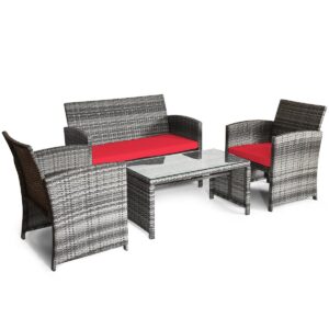 giantex 4 pc, rattan loveseat & patio chairs with cushioned seat, wicker coffee table, outdoor furniture front porch poolside garden lawn conversation sets, mix grey&red