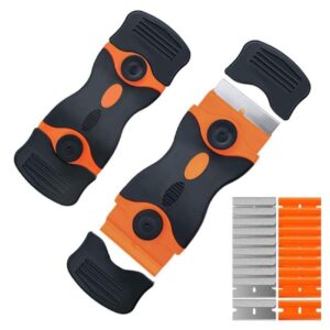 scraper tool set with 20 razor blades for removing labels, decals and stickers from glass and stove tops, 2-in-1 design，black and orange (orange)