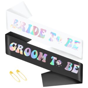 skjiayee 2 pcs bride to be sash and groom to be sash kit, glitter iridescent bachelorette & bachelor sash (custom- lengthened) for wedding bridal shower engagement party decorations, ideas, gifts.