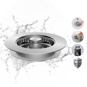 hibbent all metal stainless steel 3 in 1 kitchen sink drain strainer, upgraded anti-rust sink stop combo, anti-clogging stainless steel basket strainer with metal handle for us standard 3-1/2" drain