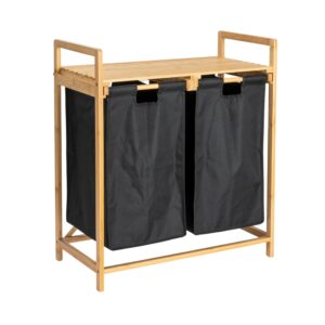 household essentials bamboo pull out double hamper with shelf, natural and black