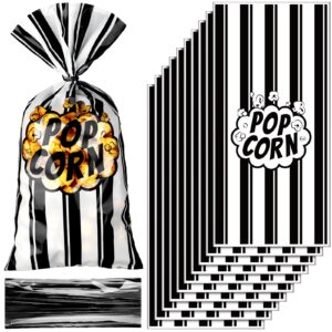 ninehaoou 200 pcs movie night popcorn bags for party carnival popcorn bags movie theme party decorations black white stripe cookie snack bags with 200 black twist ties for movie party favors