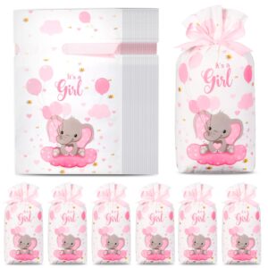 chiisong 50 pcs baby shower treat bags with bow plastic baby drawstring candy goodie bags baby shower party favor gift bags for boy girl birthday gender reveal party 9 x 6 x 2 inch(pink elephant)