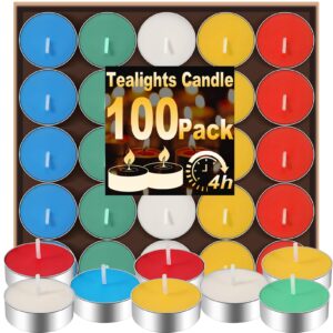 jeffbaubl 100pcs tealight candles,assorted colors tea lights candles,4 hour burn time unscented candles,smokeless candles for wedding home romantic dinner anniversaries(5 colors)