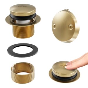 kedra gold bathtub drain tip-toe tub trim kit with two-hole overflow faceplate, all brass bathtub drain stopper plug with universal fine/coarse thread, lift & turn tub conversion set, brushed gold