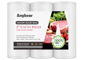 anybear vacuum sealer bags rolls, 3 pack 8''x16' commercial food storage bags for custom fit with bpa free and heavy duty, use for storing raw and cooked foods meal prep or sous vide