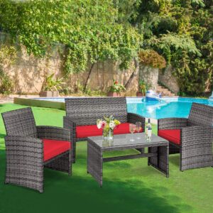 Giantex 4 Pc, Rattan Loveseat & Patio Chairs with Cushioned Seat, Wicker Coffee Table, Outdoor Furniture Front Porch Poolside Garden Lawn Conversation Sets, Mix Grey&red