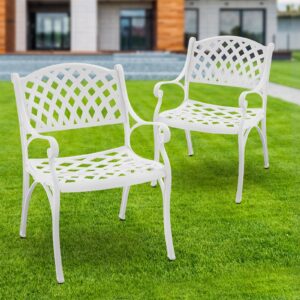 patio-in 2 pieces outdoor bistro dining chairs cast aluminum patio bistro chair with armrest,outdoor furniture set bistro chairs,metal patio dining chair for garden,white