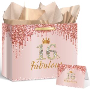 yoirrat rose gold 16 & fabulous 16th birthday gift bag for girls large pink happy sweet 16th birthday gift bag with 16th birthday wrapping paper card for 16th birthday decorations party supplies