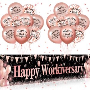 happy work anniversary decorations banner rose gold happy workiversary banner yard sign with 18 pcs balloons for office anniversary party decoration employee appreciation banner office party supplies