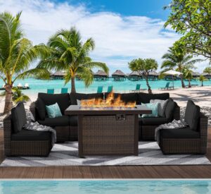 7 piece patio furniture set with fire pit table, rattan outdoor sectional patio conversation sets with seat cushions for backyard deck balcony lawn and garden, black