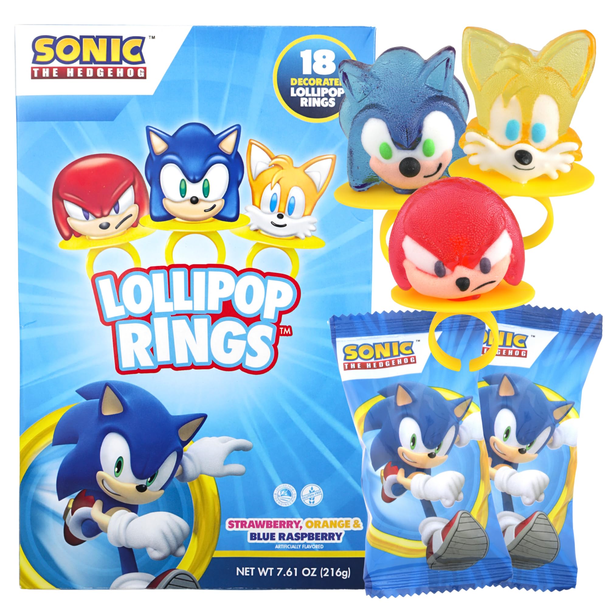 Imaginings 3 Sonic the Hedgehog Individually Wrapped Lollipop Rings, Knuckles and Tails Decorated Candy, Birthday Party Favors, 18 Count