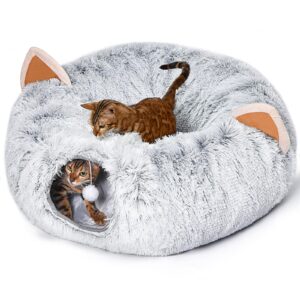 nezin cat tunnel with cat bed for indoor cats, under christmas tree plush peekaboo cat cave, multifunctional cat donut tunnel playground toys for cats kitten rabbit ferret, grey