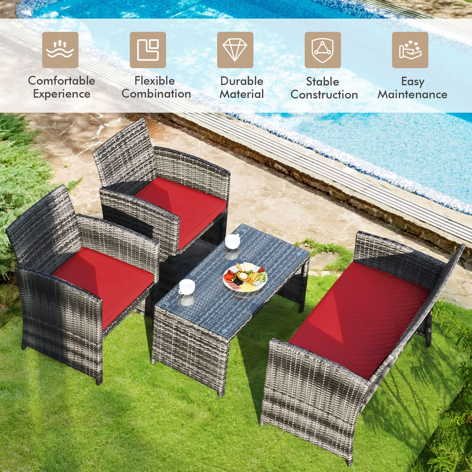 Giantex 4 Pc, Rattan Loveseat & Patio Chairs with Cushioned Seat, Wicker Coffee Table, Outdoor Furniture Front Porch Poolside Garden Lawn Conversation Sets, Mix Grey&red