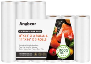 anybear vacuum sealer bags rolls, 3 pack 11''x16' & 3 pack 8''x16' commercial food storage bags for custom fit with bpa free and heavy duty, use for storing raw and cooked foods meal prep or sous vide