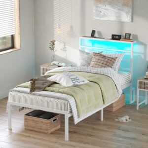 collaredeagle twin size bed frame with headboard, metal platform bed frame with charging station, heavy duty platform bed frame with led, easy assembly, white