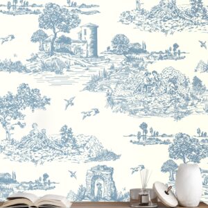 wenmer toile peel and stick wallpaper 17.7” x 118” blue and white wallpaper blue contact paper removable vintage chinoiserie wallpaper french wallpaper for bedroom living room