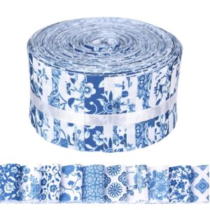 bolsome 50pcs chinoiserie jelly polyester fabric roll white blue floral quilting strips assorted patterns patchwork craft sewing supplies for quilters and sewing crafts, 39.37 × 2.55 inch